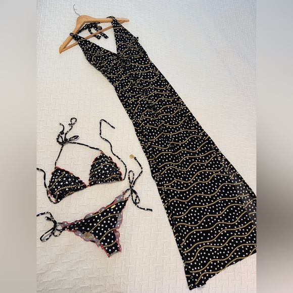 Luli Fama | Swim | Luli Fama Black And Gold Polka Dot Maxi Dress With ...